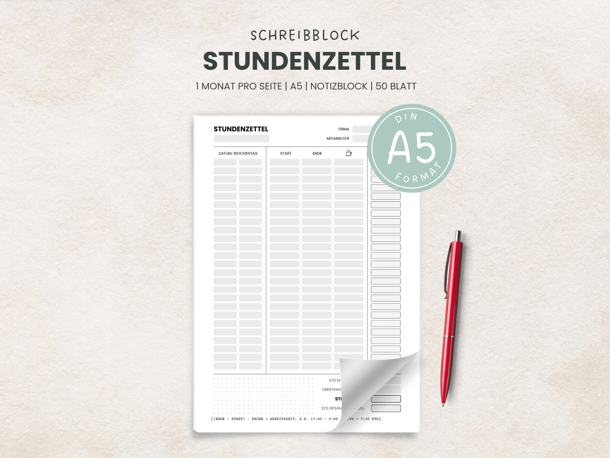 Stundenzettel Block A5 – 50 Blatt zur Arbeitszeiterfassung | Mit ...
