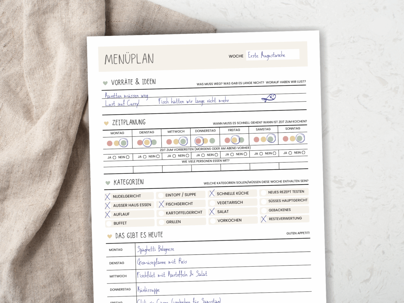 Menüplan Vorlage PDF | Essensplaner zum Ausdrucken | Wochenplan Essen Familie | Meal Planner ...