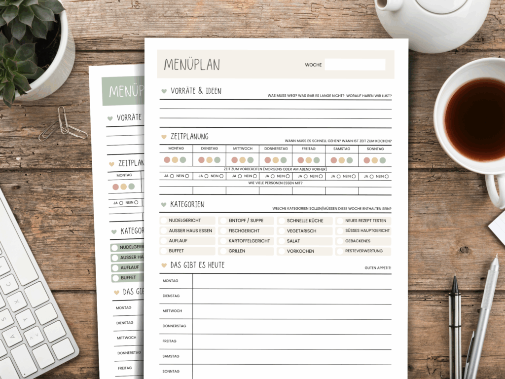 Menüplan Vorlage PDF | Essensplaner zum Ausdrucken | Wochenplan Essen Familie | Meal Planner ...